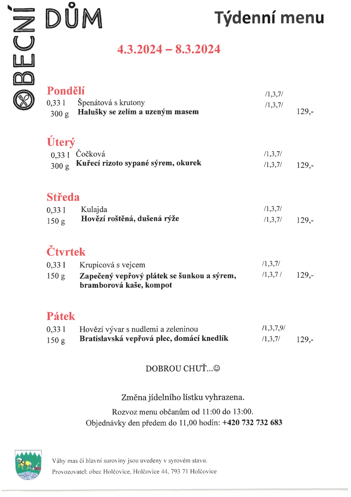 Týdenní menu :: Obecní dům Holčovice - restaurace a pivnice